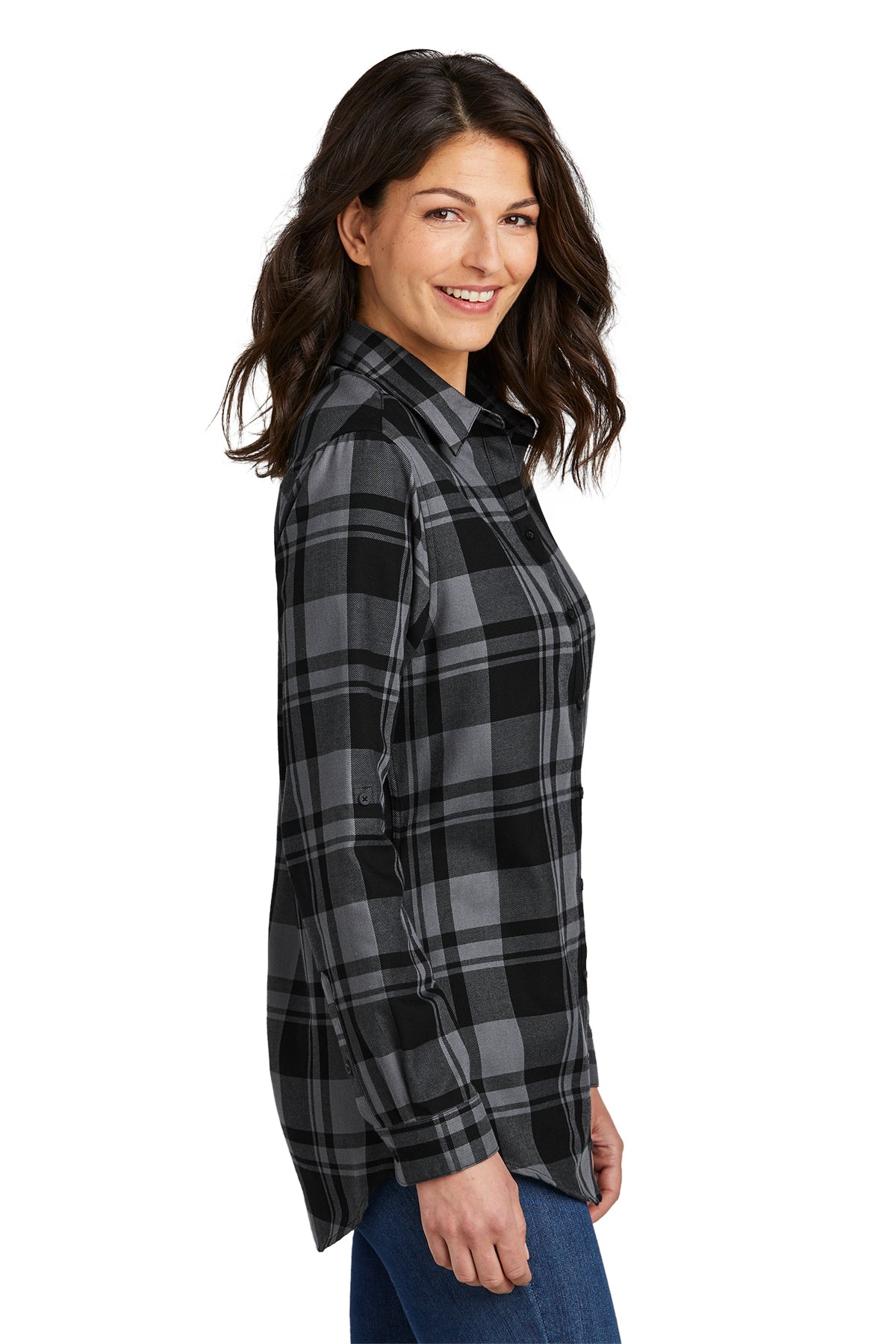 Branded Port Authority Ladies Plaid Flannel Tunic Grey/Black